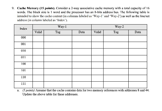 Solved 9. Cache Memory (15 points). Consider a 2-way | Chegg.com