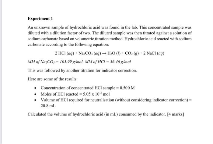 Solved Experiment 1 An unknown sample of hydrochloric acid | Chegg.com
