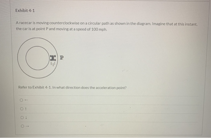 Solved Exhibit 4-1 Aracecar is moving counterclockwise on a | Chegg.com
