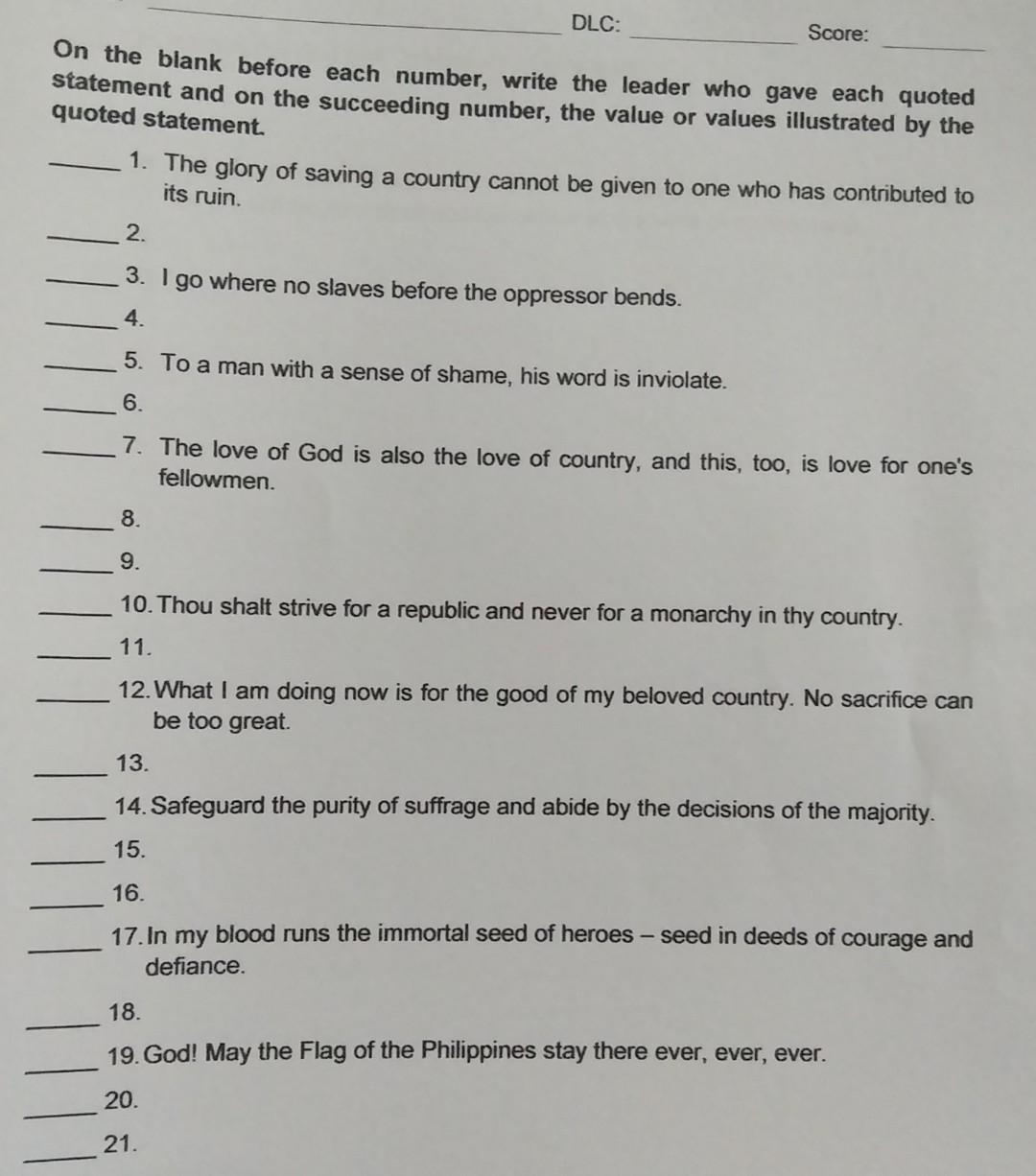 Solved DLC: Score: On the blank before each number, write | Chegg.com