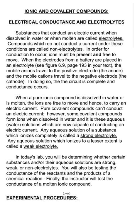 Solved IONIC AND COVALENT COMPOUNDS: ELECTRICAL CONDUCTANCE | Chegg.com