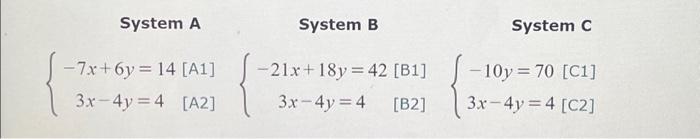 System A -7x+6y= 14 [A1] 3x-4y=4 [A2] System B | Chegg.com