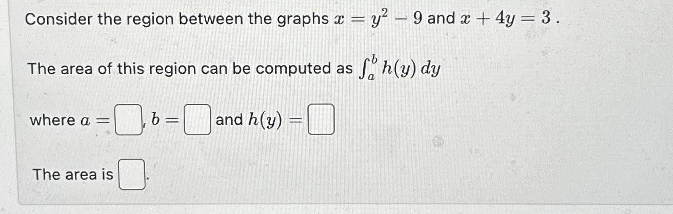 Solved Consider the region between the graphs x=y2-9 ﻿and | Chegg.com