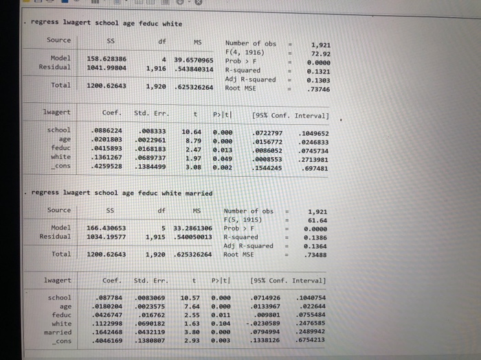 Solved regress lwagert school age feduc white Source SS df | Chegg.com