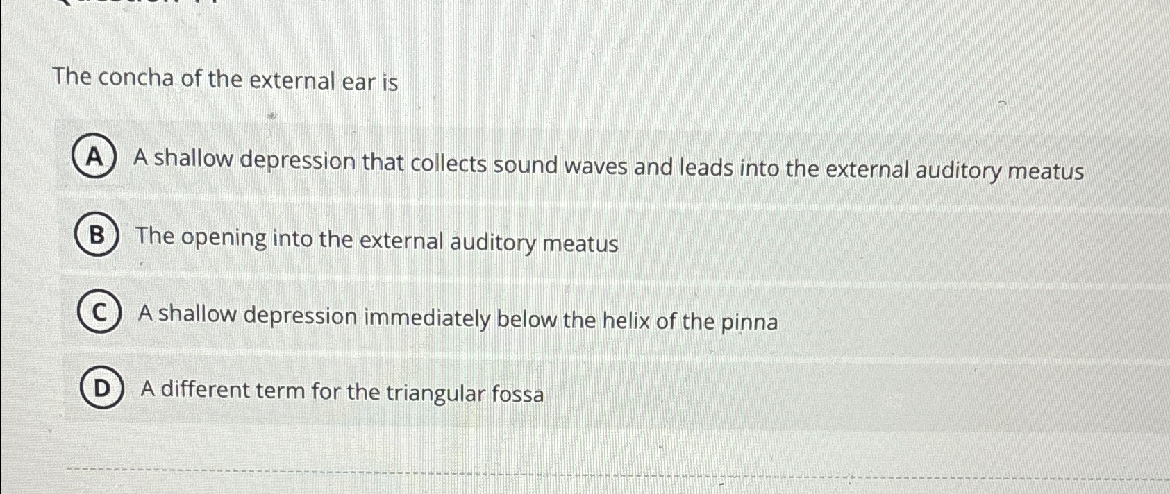 Solved The concha of the external ear isA shallow depression | Chegg.com