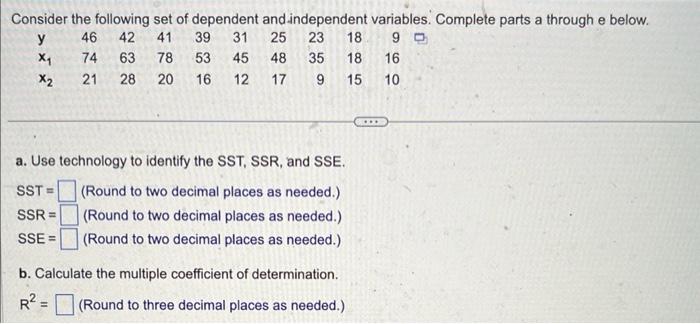 Solved a. Use technology to identify the SST, SSR, and SSE. | Chegg.com
