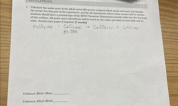 Solved CALCULATIONS 1. Calculate the molar mass of the | Chegg.com