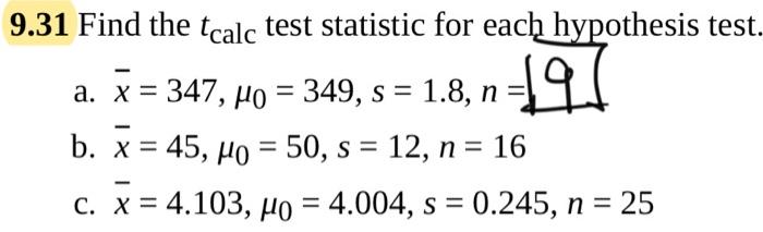 Solved 9.31 Find the tcalc test statistic for each | Chegg.com