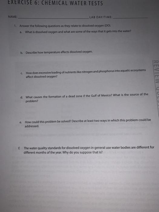 Solved EXERCISE 6: CHEMICAL WATER TESTS NAME LAB DAY/TIME: | Chegg.com