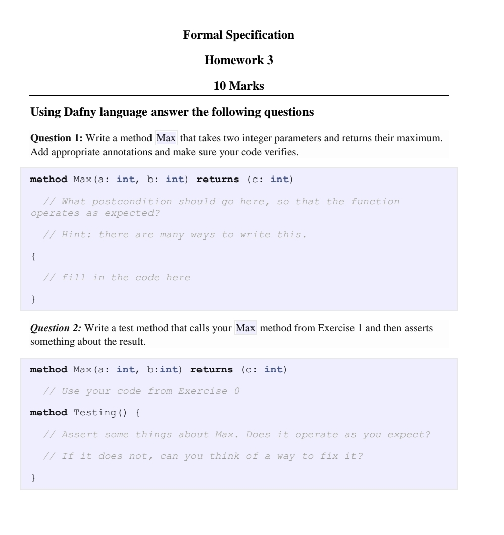 Solved Formal SpecificationHomework 310 ﻿MarksUsing Dafny | Chegg.com