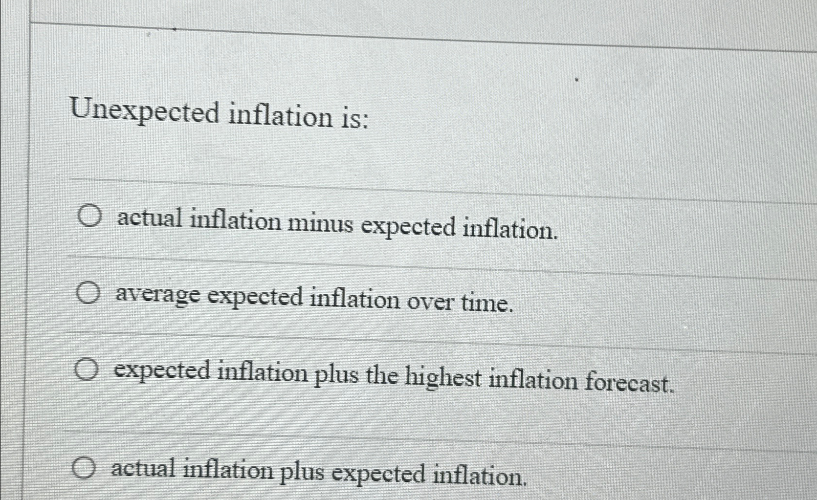 Solved Unexpected inflation is:actual inflation minus | Chegg.com
