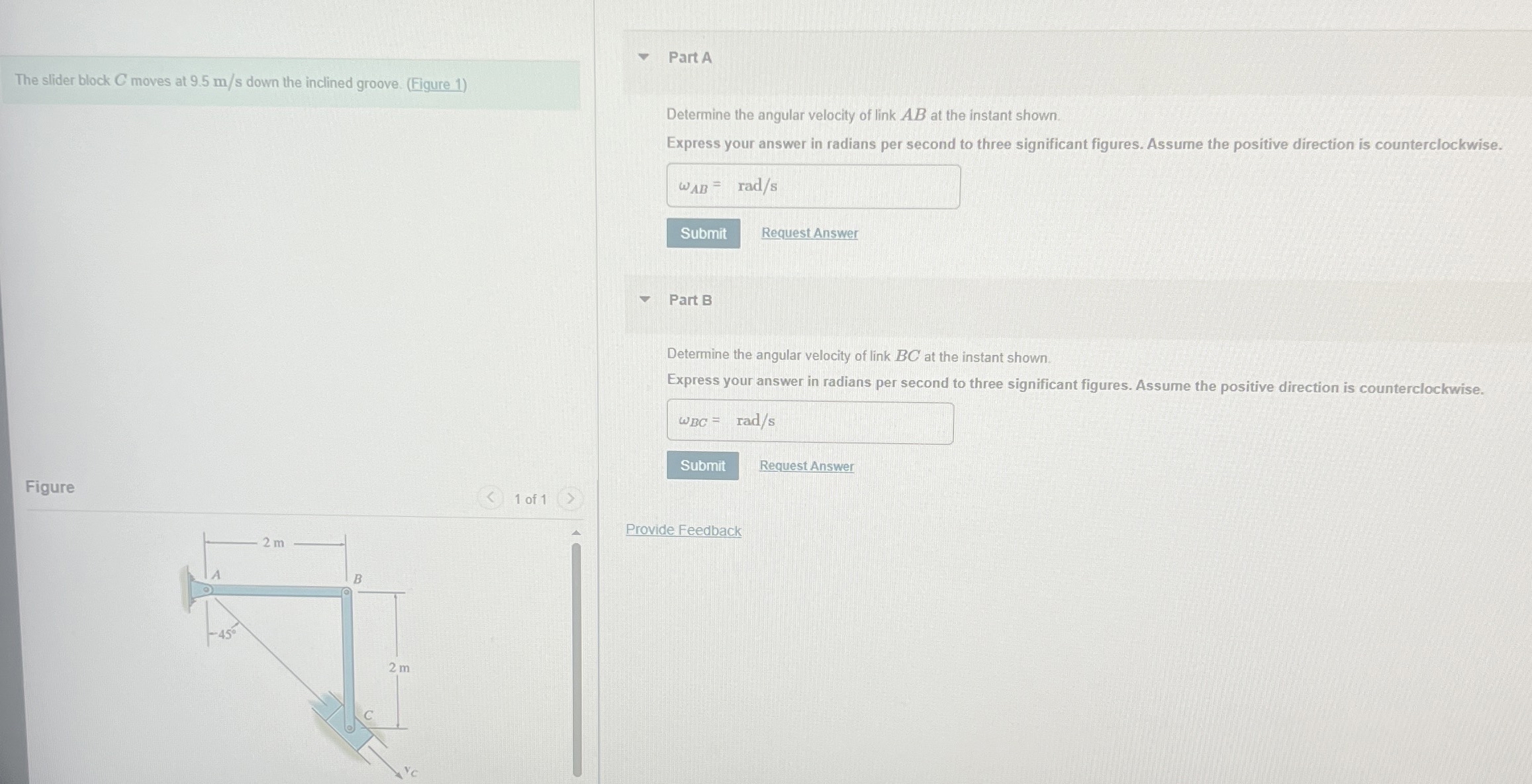 Solved The slider block C ﻿moves at 9.5ms ﻿down the inclined | Chegg.com