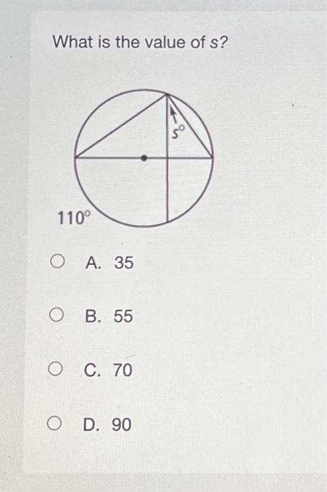 Solved What is the value of s? 110° O A. 35 O B. 55 O C. 70 | Chegg.com