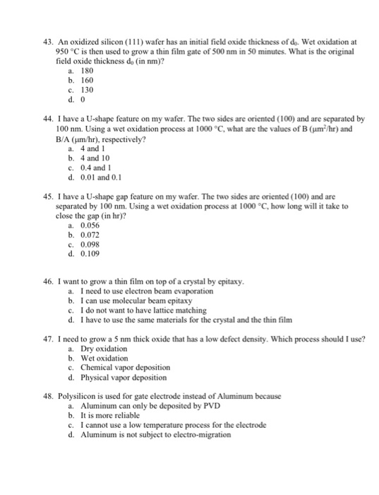 Solved 43. An oxidized silicon (111) wafer has an initial | Chegg.com