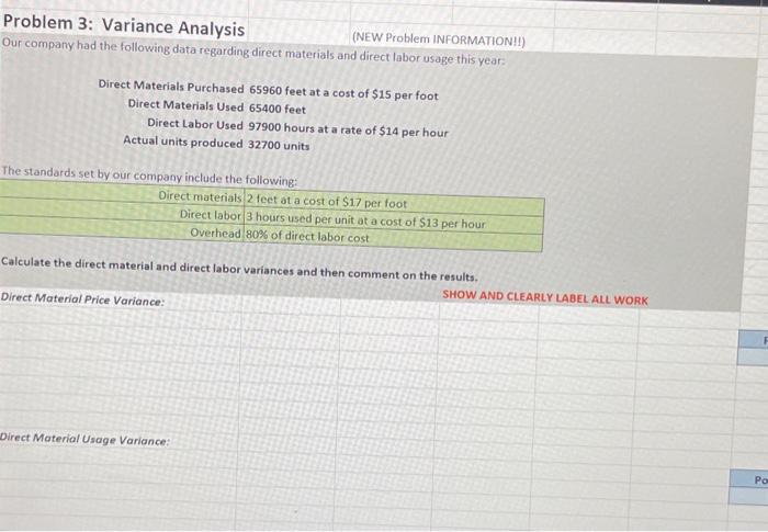 Solved Problem 3: Variance Analysis Our company had the | Chegg.com