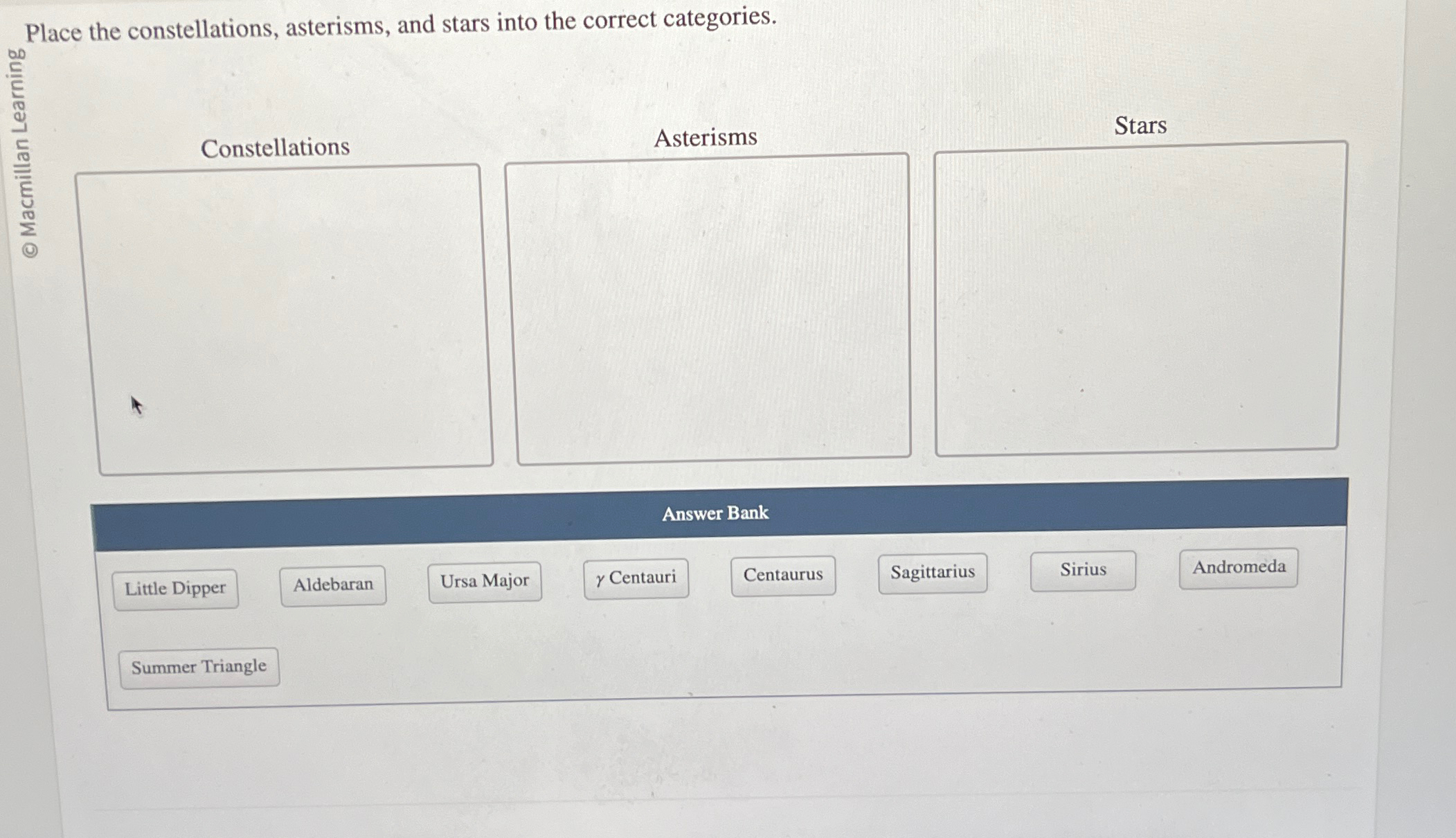 Solved Place the constellations, asterisms, and stars into | Chegg.com