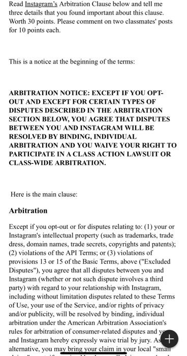 Read Instagram's Arbitration Clause below and tell | Chegg.com