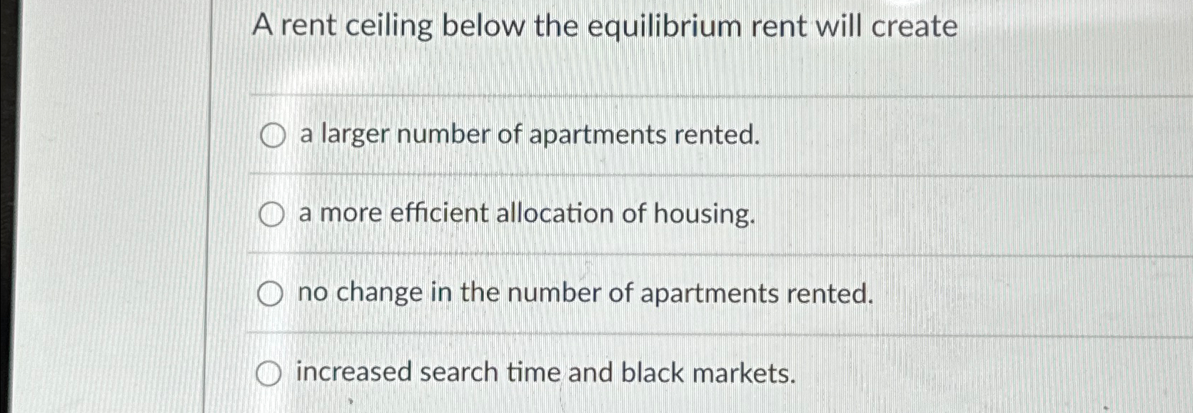 Solved A rent ceiling below the equilibrium rent will | Chegg.com