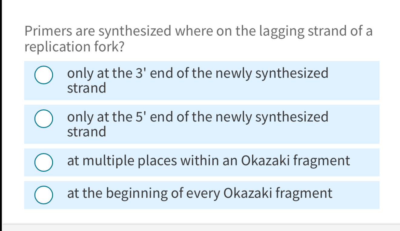 Solved Primers are synthesized where on the lagging strand | Chegg.com