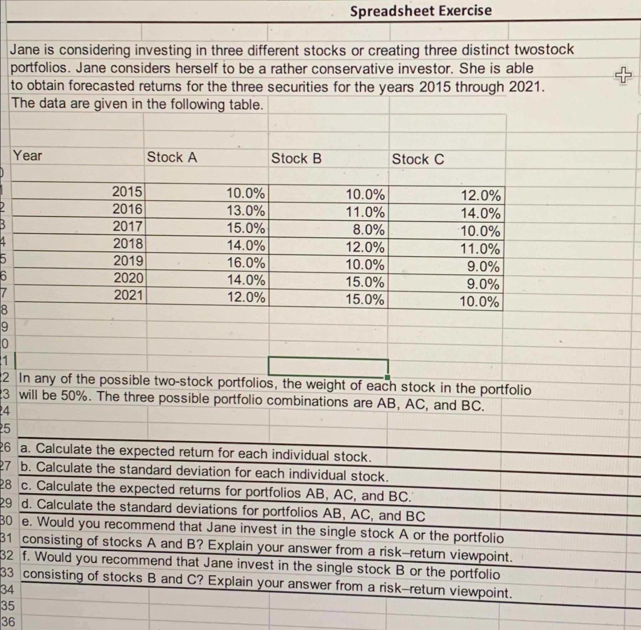 Solved Spreadsheet ExerciseJane is considering investing in | Chegg.com