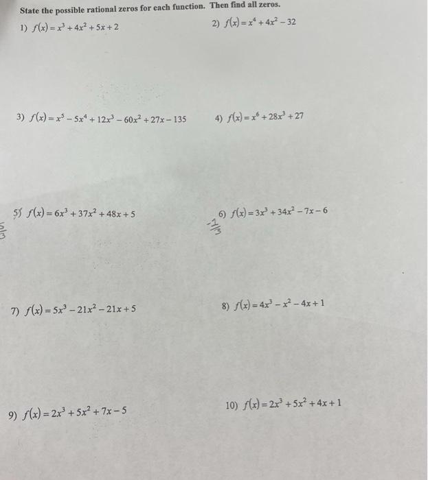 Solved state the possible rational zeros for each function. | Chegg.com