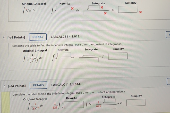Solved Original Integral Rewrite Simplify Integrate Х X [V x | Chegg.com