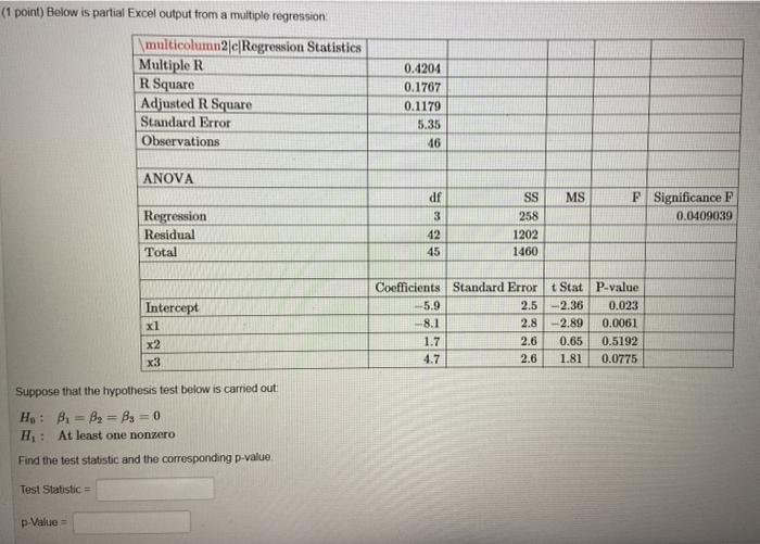 Solved (1 point) Below is partial Excel output from a | Chegg.com