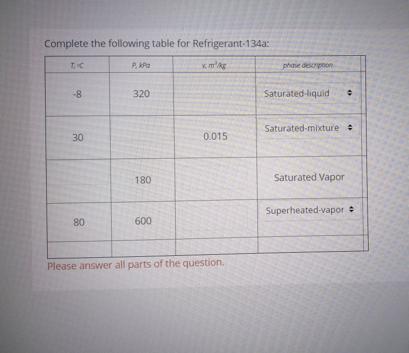 Solved Complete the following table for Refrigerant-134a: T, | Chegg.com