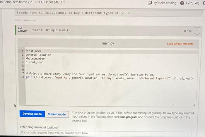 Solved mputers home > 23.17 LAB Input Mad Lib > zyBooks | Chegg.com Solved mputers home > 23.17 LAB Input Mad Lib > zyBooks | Chegg.com
