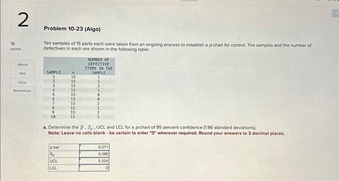 Solved Ten samples of 15 parts each were taken from an | Chegg.com