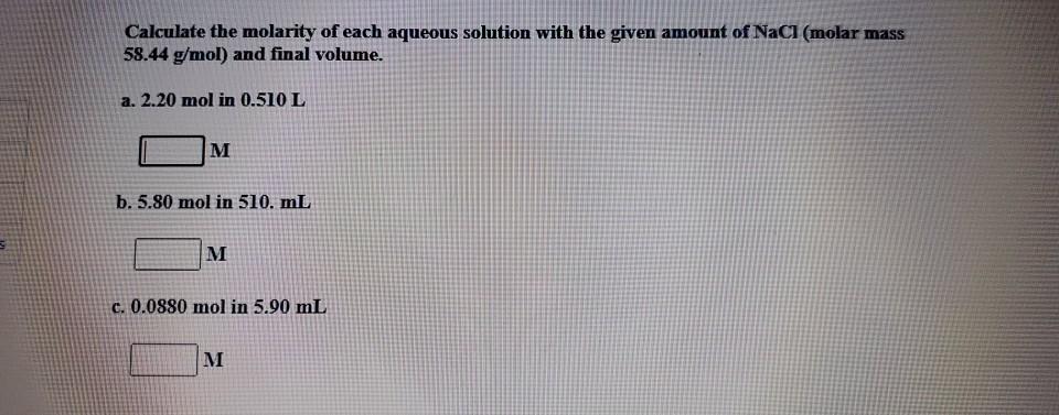 Solved Calculate the molarity of each aqueous solution with | Chegg.com