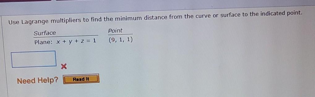 Solved Use Lagrange multipliers to find the minimum distance | Chegg.com