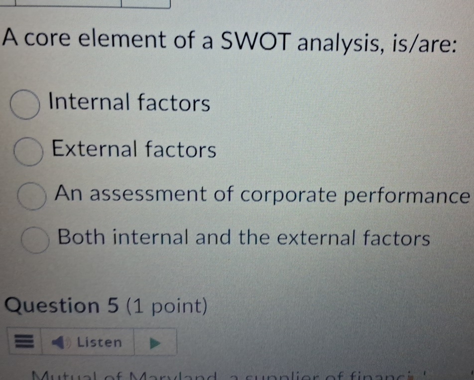 Solved A core element of a SWOT analysis, is/are:Internal | Chegg.com