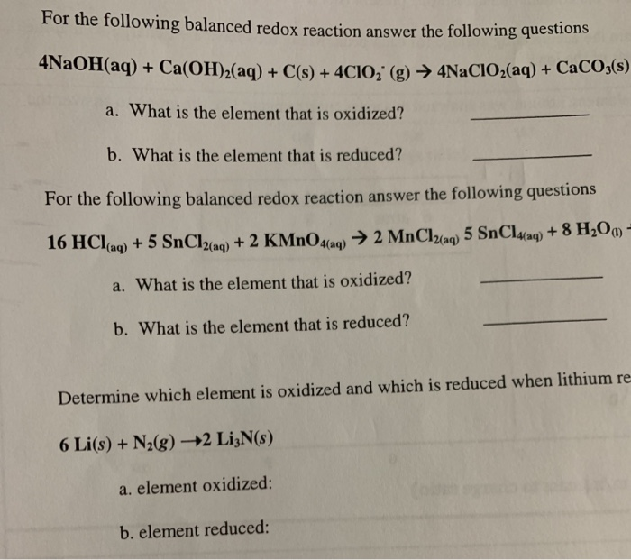 Solved following balanced redox reaction answer the | Chegg.com
