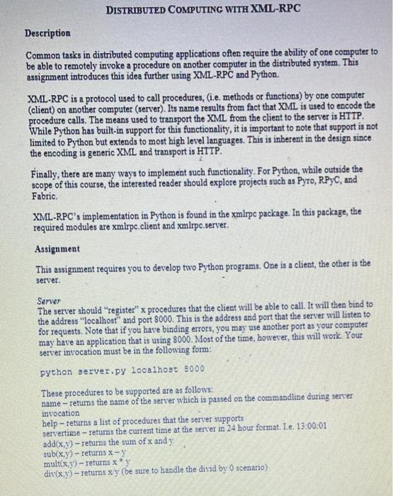 Solved DISTRIBUTED COMPUTING WITH XML-RPC Description Common | Chegg.com