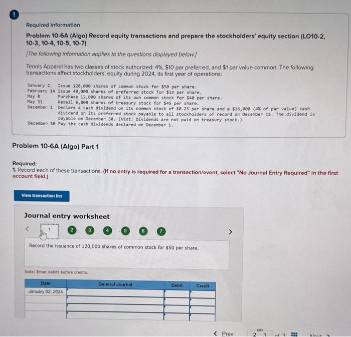 Solved Required information Problem 10.6A (Algo) Record | Chegg.com