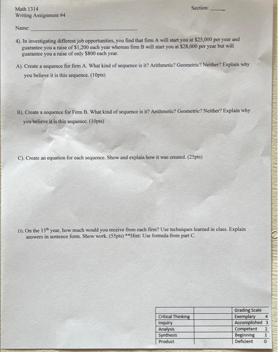 Solved Math 1314 Writing Assignment #4 Name: Section: 4). In | Chegg.com