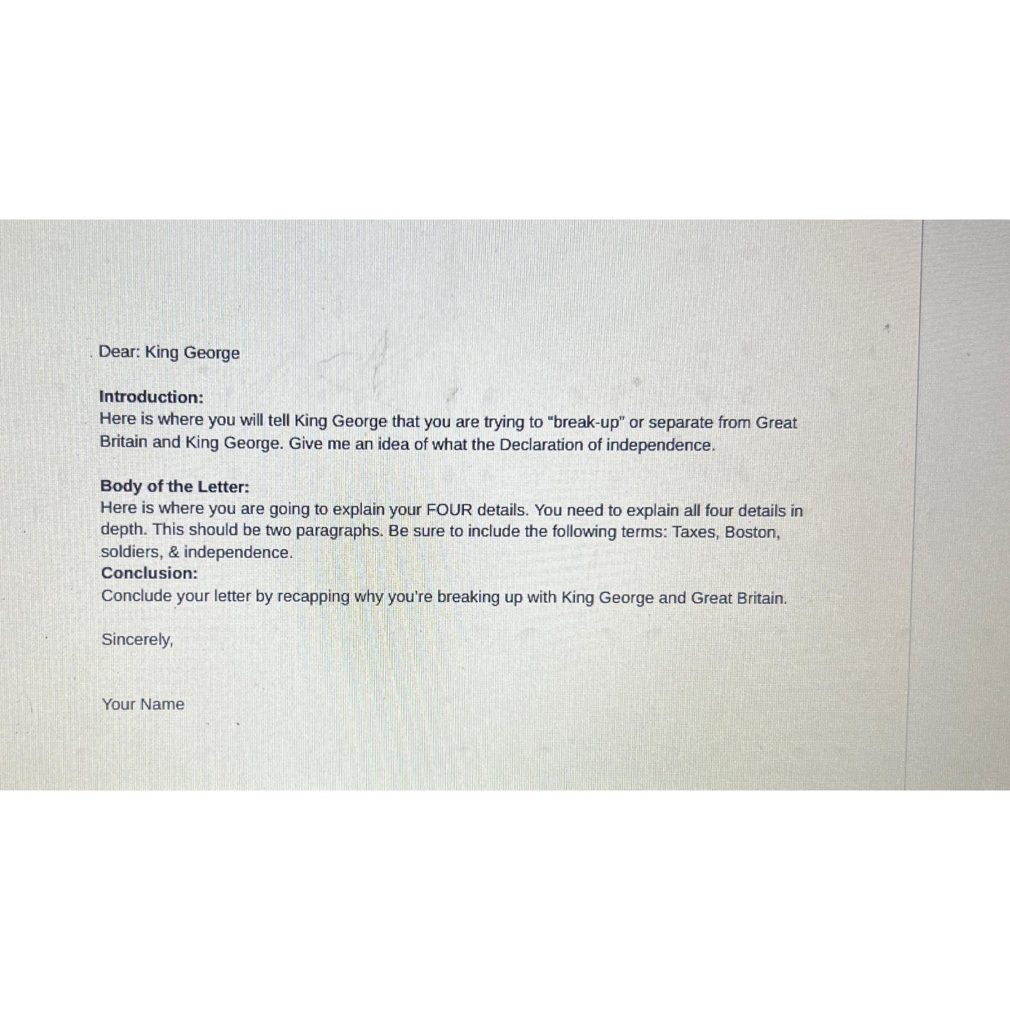 Solved Dear: King GeorgeIntroduction:Here is where you will | Chegg.com