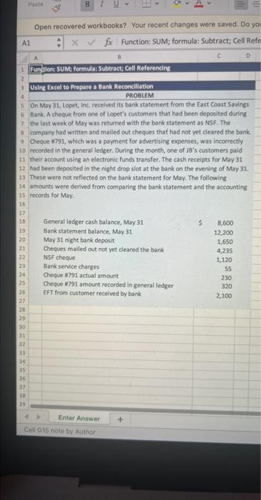 Solved Open recovered workbooks? Your recent changes were | Chegg.com