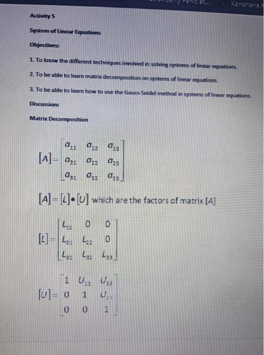 Activity 5 System of Linear Equations Objectives: | Chegg.com