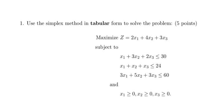 Solved 1. Use the simplex method in tabular form to solve | Chegg.com
