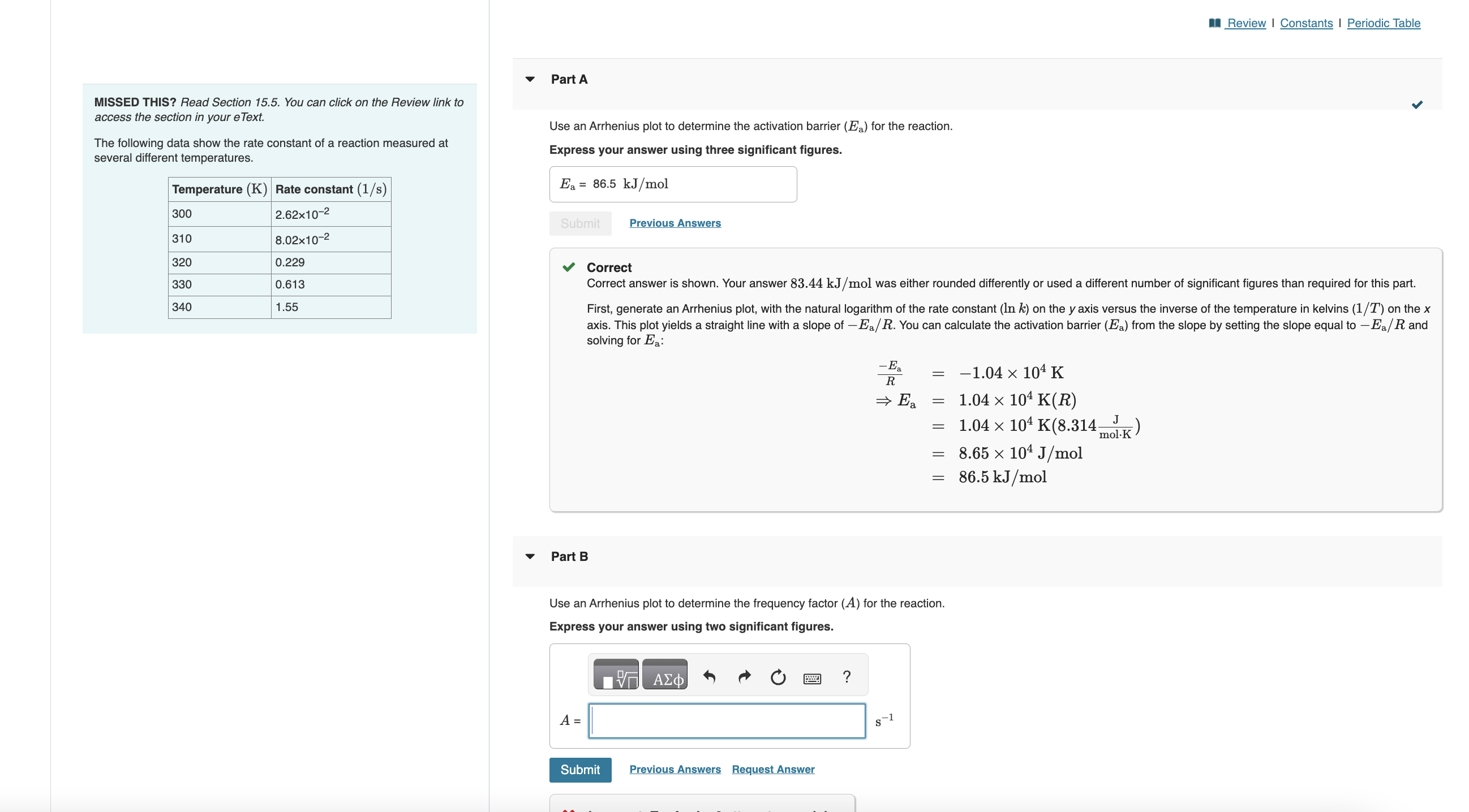 Solved Part AUse an Arrhenius plot to determine the | Chegg.com
