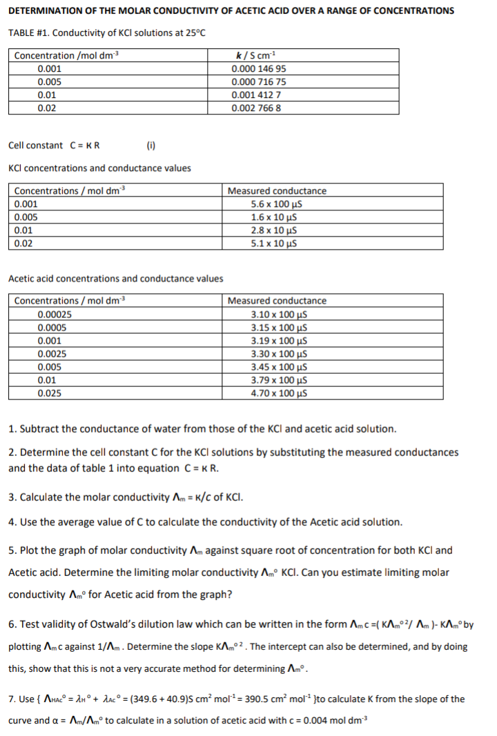 Solved DETERMINATION OF THE MOLAR CONDUCTIVITY OF ACETIC | Chegg.com