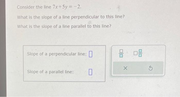 Solved Consider the line 7x+5y=−2. What is the slope of a | Chegg.com