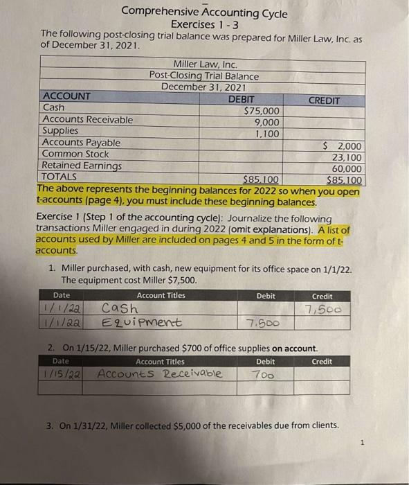 Solved Comprehensive Accounting Cycle Exercises 1 - 3 The | Chegg.com