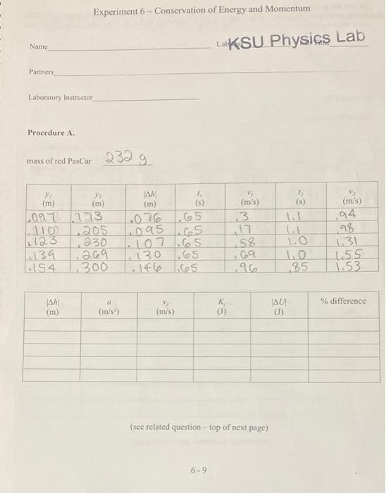 Experiment 6 - Conservation of Energy and Momentum | Chegg.com