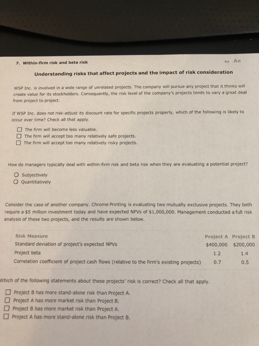 Solved 7. Within-firm risk and beta risk Aa Aa Understanding | Chegg.com