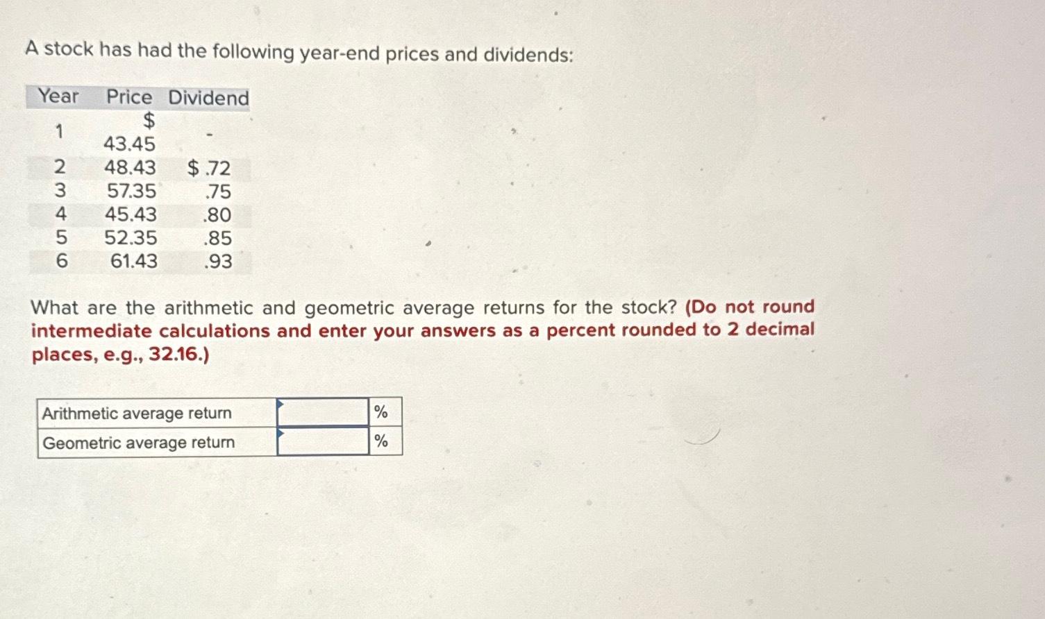 Solved A stock has had the following year-end prices and | Chegg.com