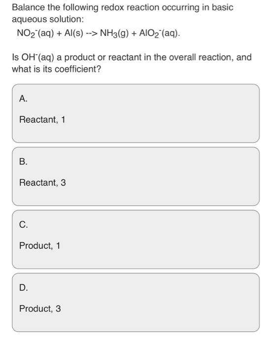 Solved Balance the following redox reaction occurring in | Chegg.com