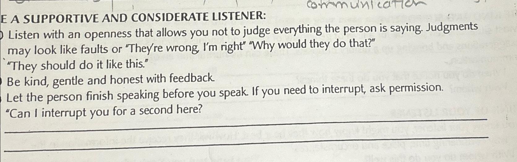 Solved E A SUPPORTIVE AND CONSIDERATE LISTENER:Listen with | Chegg.com